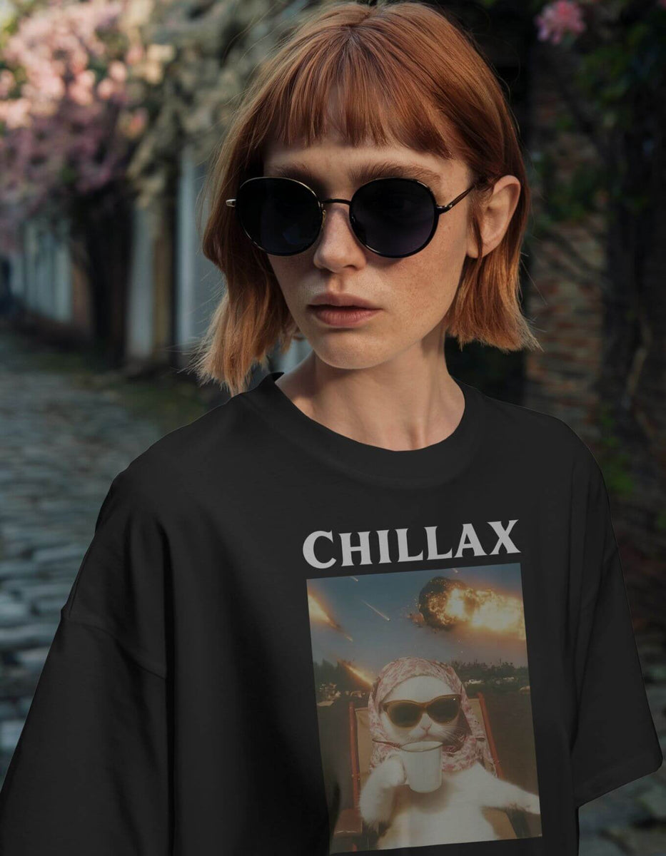 Chillax Cat Meme Oversized Black T-shirt – Teegram.in