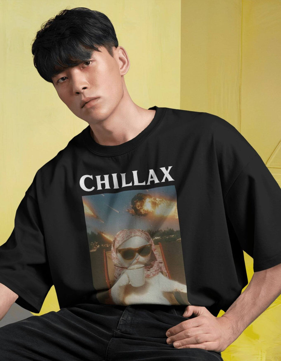 Chillax Cat Meme Oversized Black T-shirt – Teegram.in